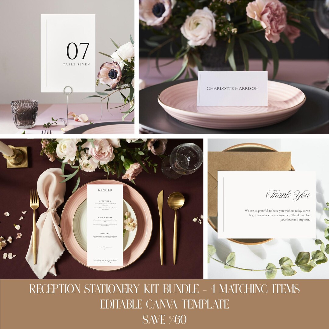 Elegant Wedding Reception Stationery Bundle, Menu, Place Card, Table ...