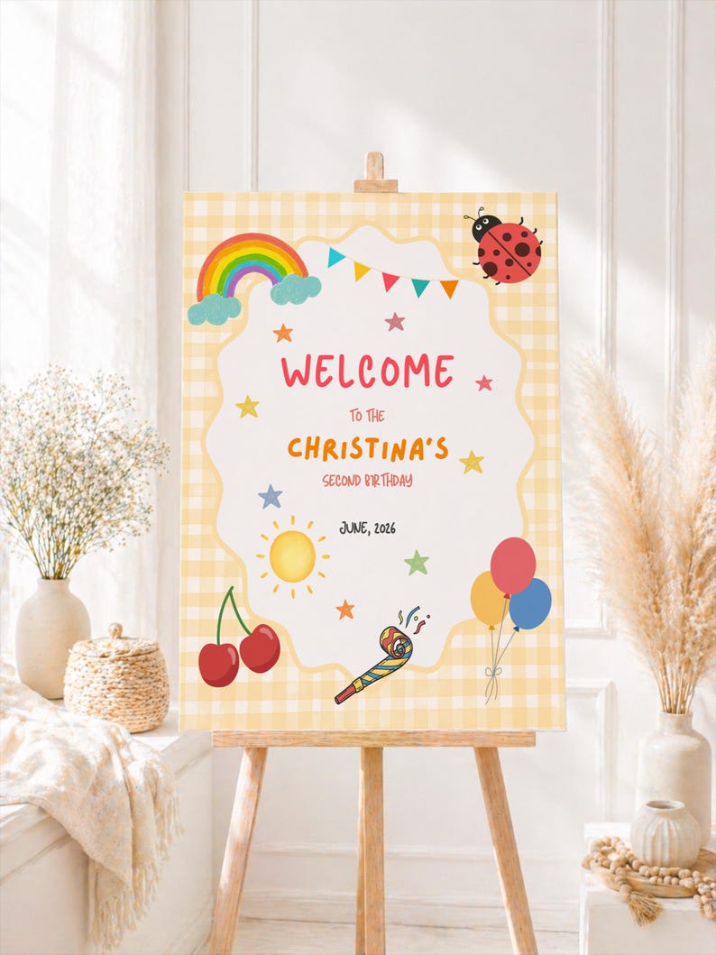 Two Much Fun 2nd Birthday Welcome Sign Girl | Rainbow Gingham Sun ...