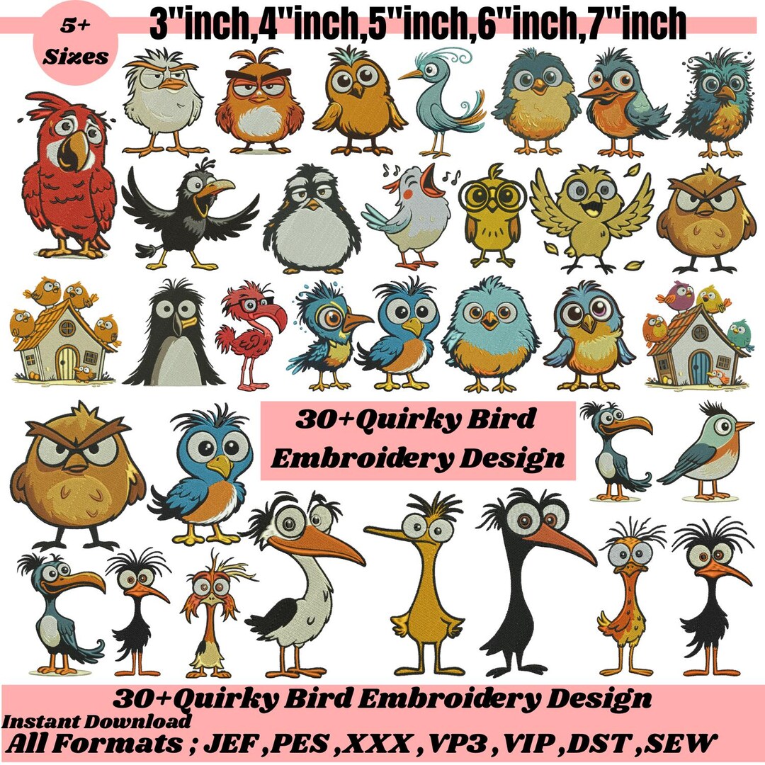 Quirky Birds on Branch Machine Embroidery Design Crazy Bird Embroidery ...