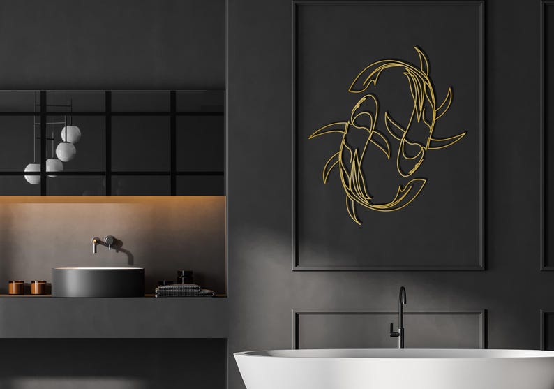 Koi Fish Metal Wall Art, Minimalist Line Art Fish Decor, Zen Bathroom ...