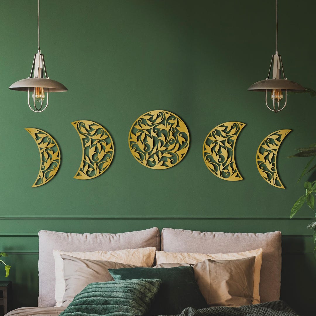 Floral Moon Phase Metal Wall Art – Boho Bedroom Wall Decor, Gold Lunar ...