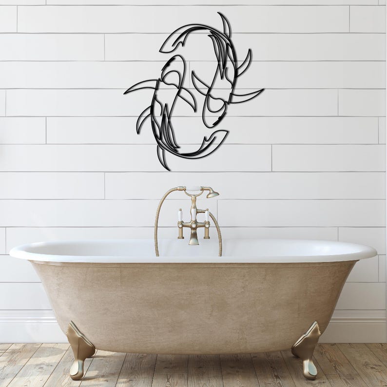 Koi Fish Metal Wall Art, Minimalist Line Art Fish Decor, Zen Bathroom ...