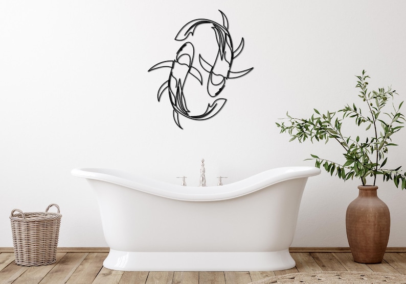 Koi Fish Metal Wall Art, Minimalist Line Art Fish Decor, Zen Bathroom ...