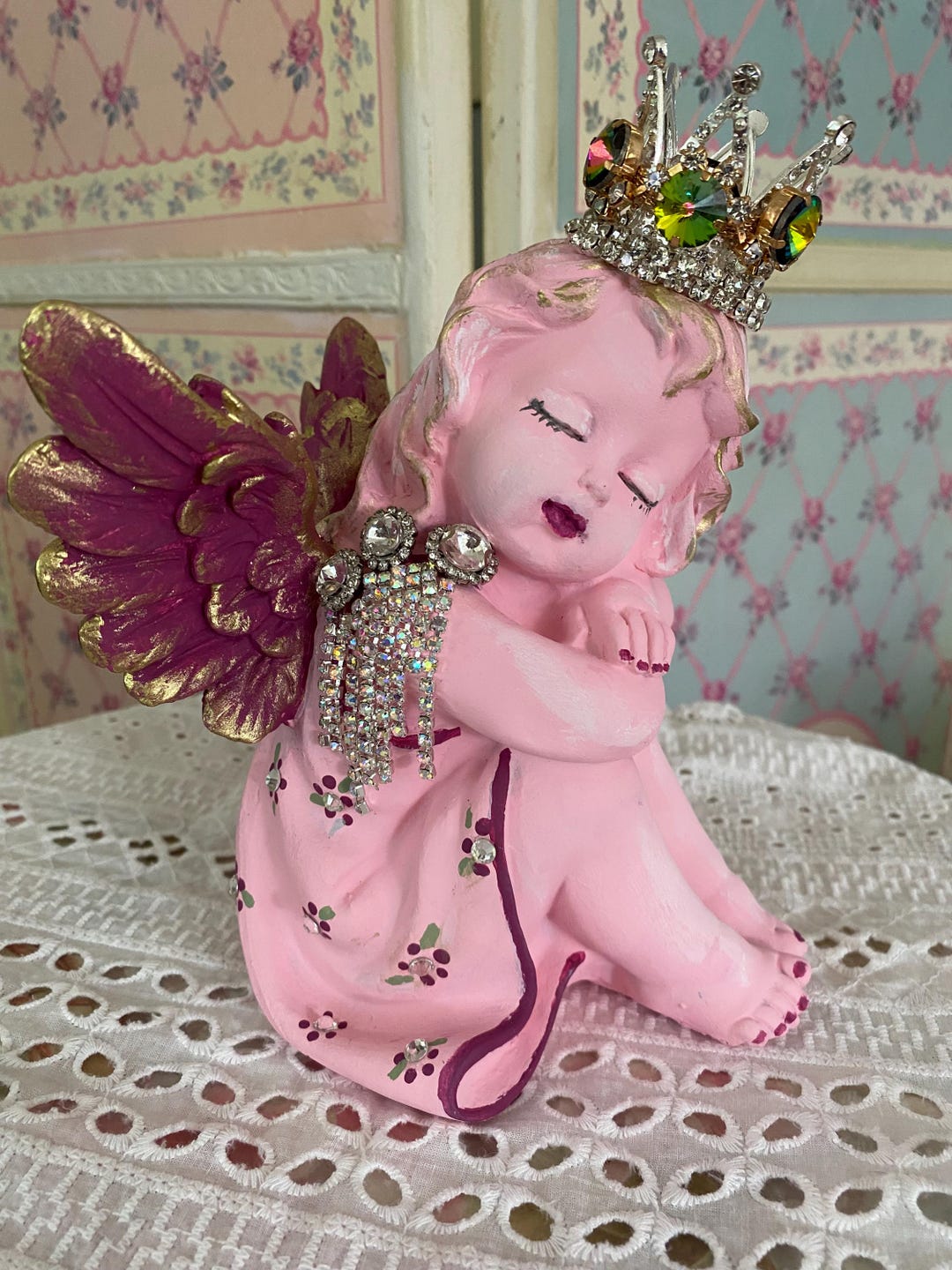 Adorable 8 Inch Pink Crowned Cherub, Shabby Cherub Statue, Nursery ...