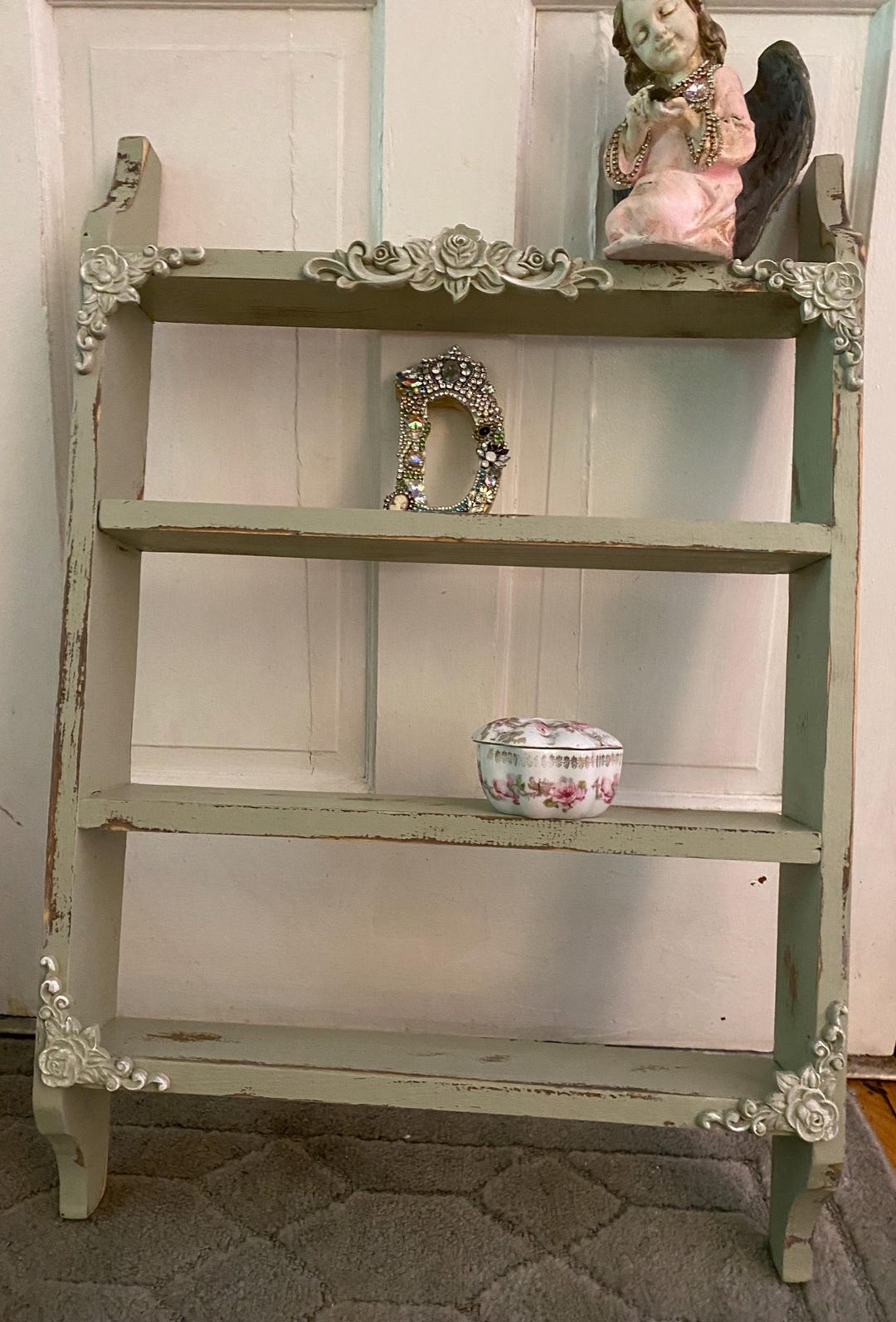 Large Sage Green Distressed Wall Shelf, Ornate Wood Appliqués, Wood ...