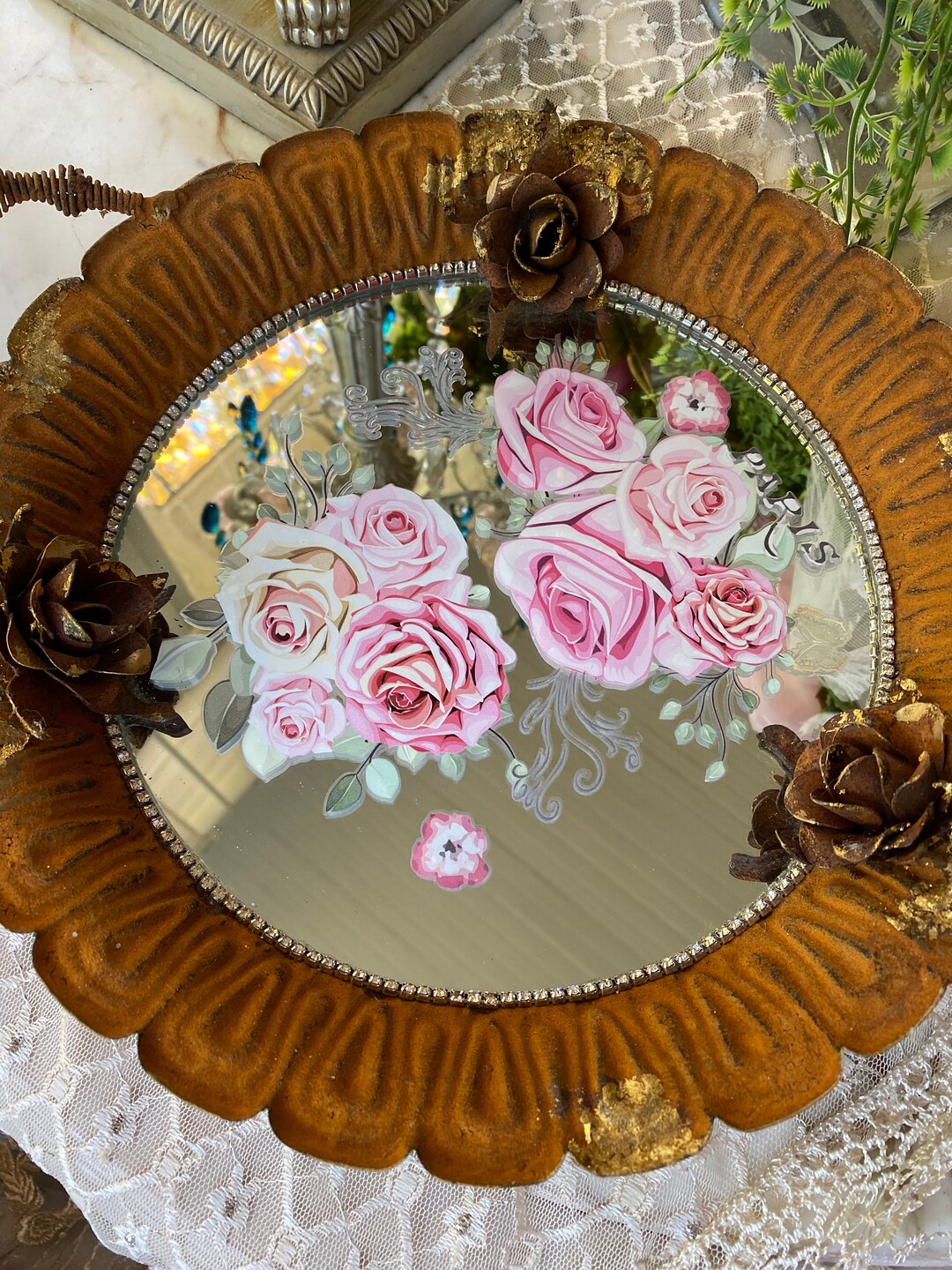 Farmhouse Mirrored Rusty Tray, Shabby Roses, Rusty Roses, Serving Tray ...