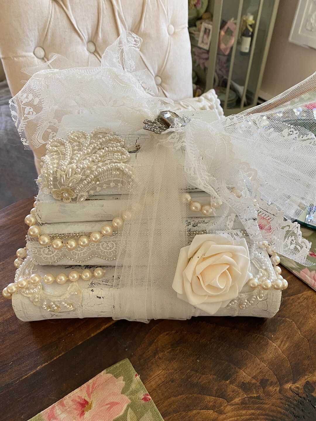 Victorian Style Book Stack, 4 Antique Tattered Books, Lace, Table Decor ...