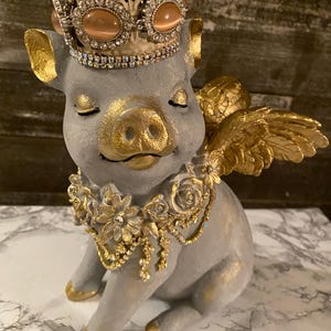 Adorable Large Flying Pig Statue, Gray Crowned Pig With Rhinestones - Etsy