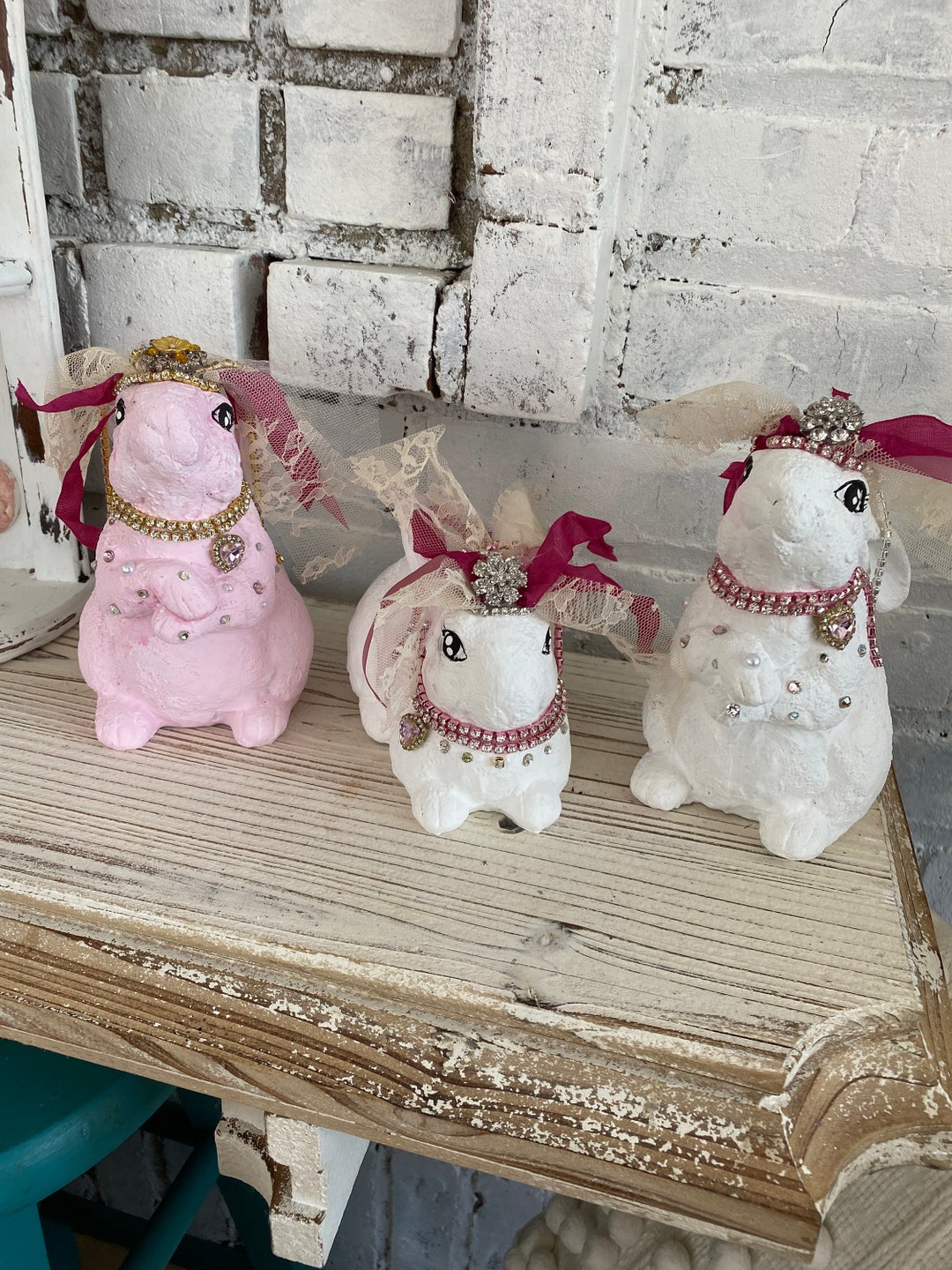 A Trio of Adorable, Rhinestone, Rabbits, Bride Rabbits, Nursery Rabbits ...