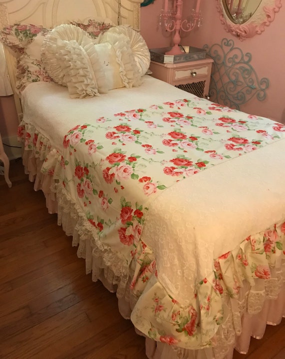 Handmade lace tattered ruffled blanket roses bed skirt | Etsy
