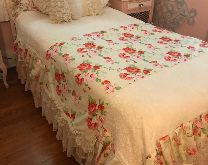 Handmade Lace Tattered Ruffled Blanket, Roses, Bed Skirt, Throw, Twin ...