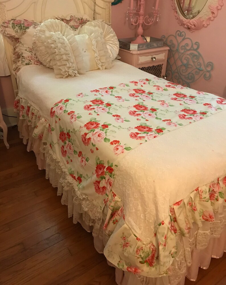 Handmade lace tattered ruffled blanket roses bed skirt | Etsy