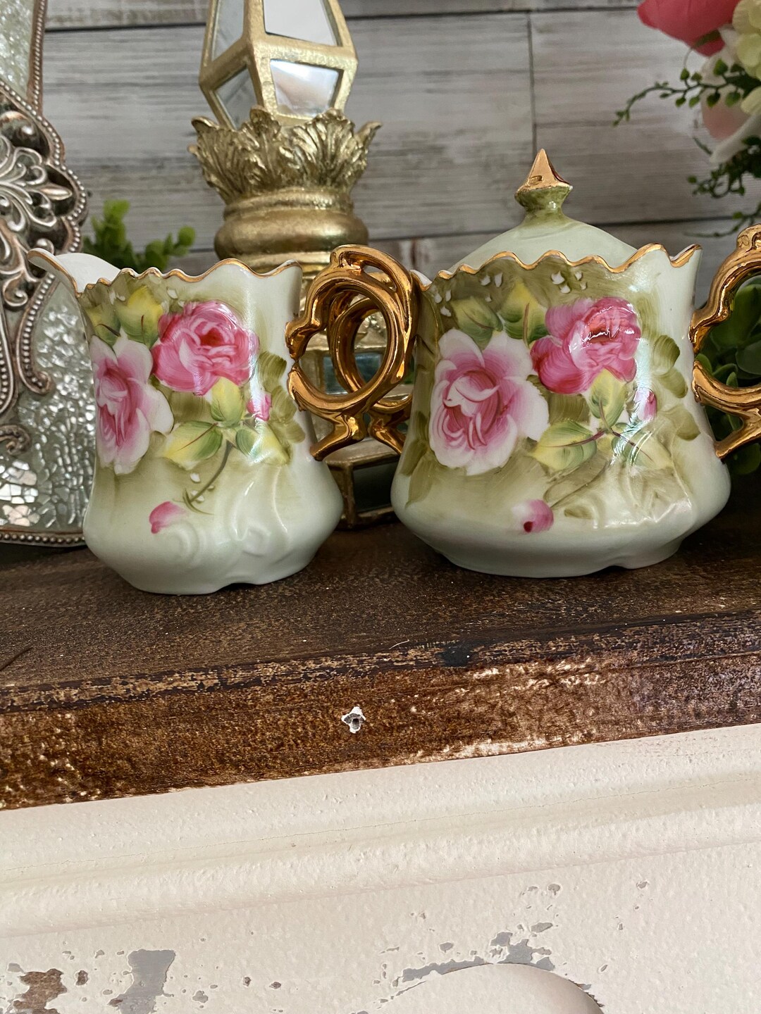 Vintage Lefton China Creamer and Sugar Set: Green Heritage Rose, 1950s ...