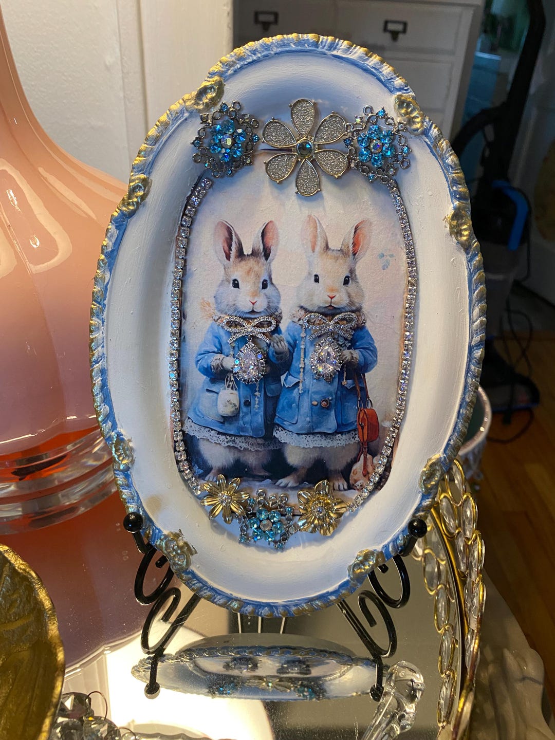 Sweet Rabbit Table Display, Rice Paper Rabbits and Rhinestones on White ...