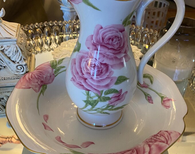 A Shabby Givenchy Rose Pitcher and Bowl Set, Gorgeous Pink Roses, Bonus ...