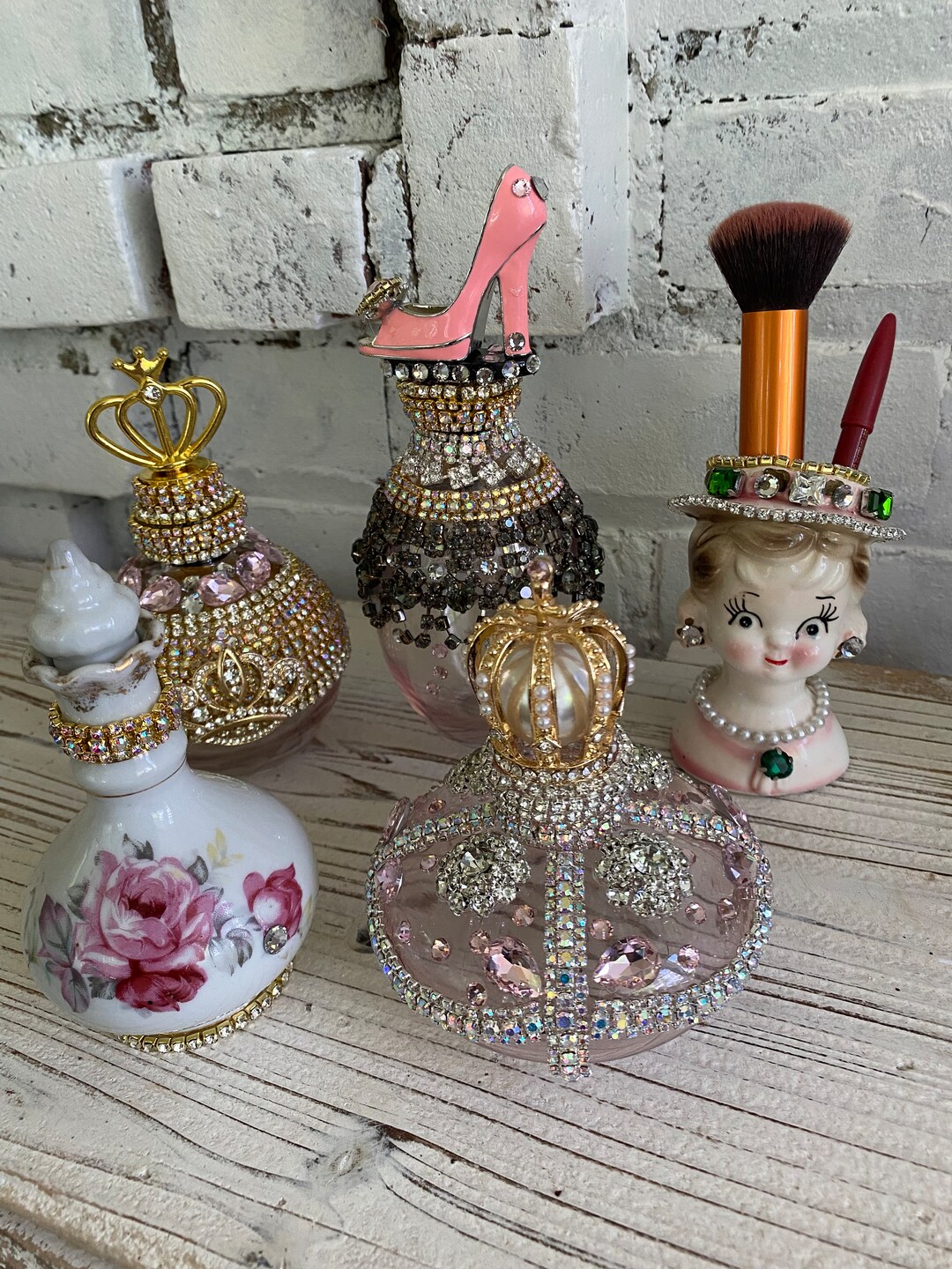 A Shabby Vanity Set, 3 Rhinestones Pink Bottles, Vintage Shabby Perfume ...