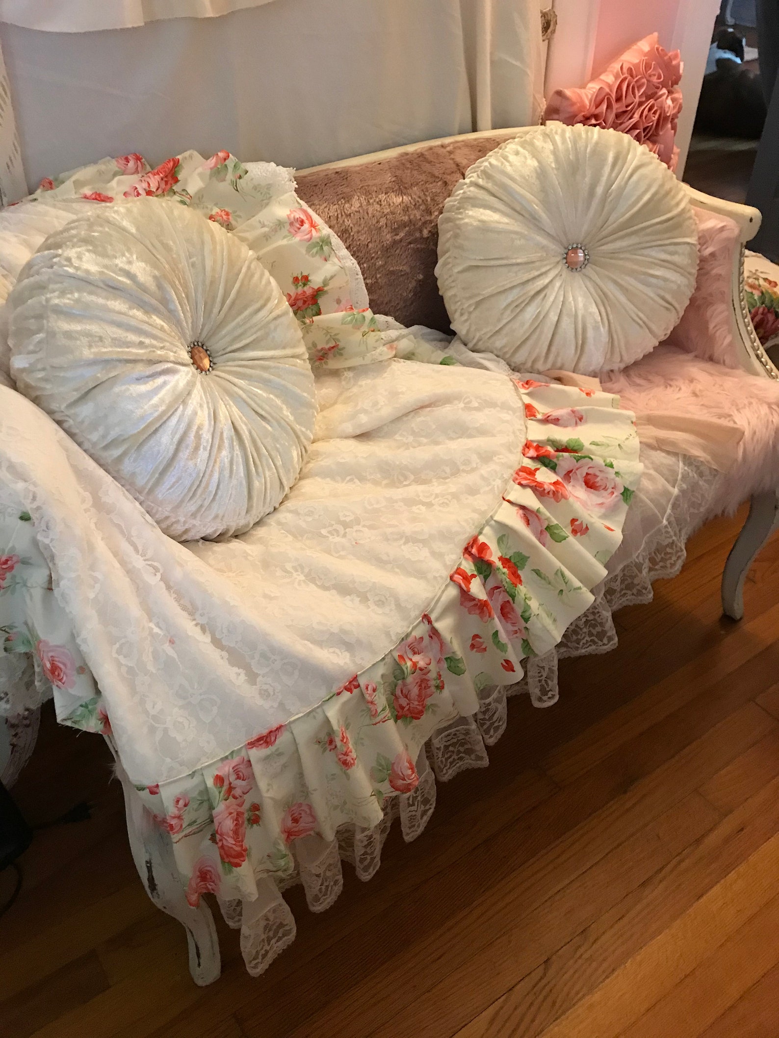 Handmade lace tattered ruffled blanket roses bed skirt | Etsy