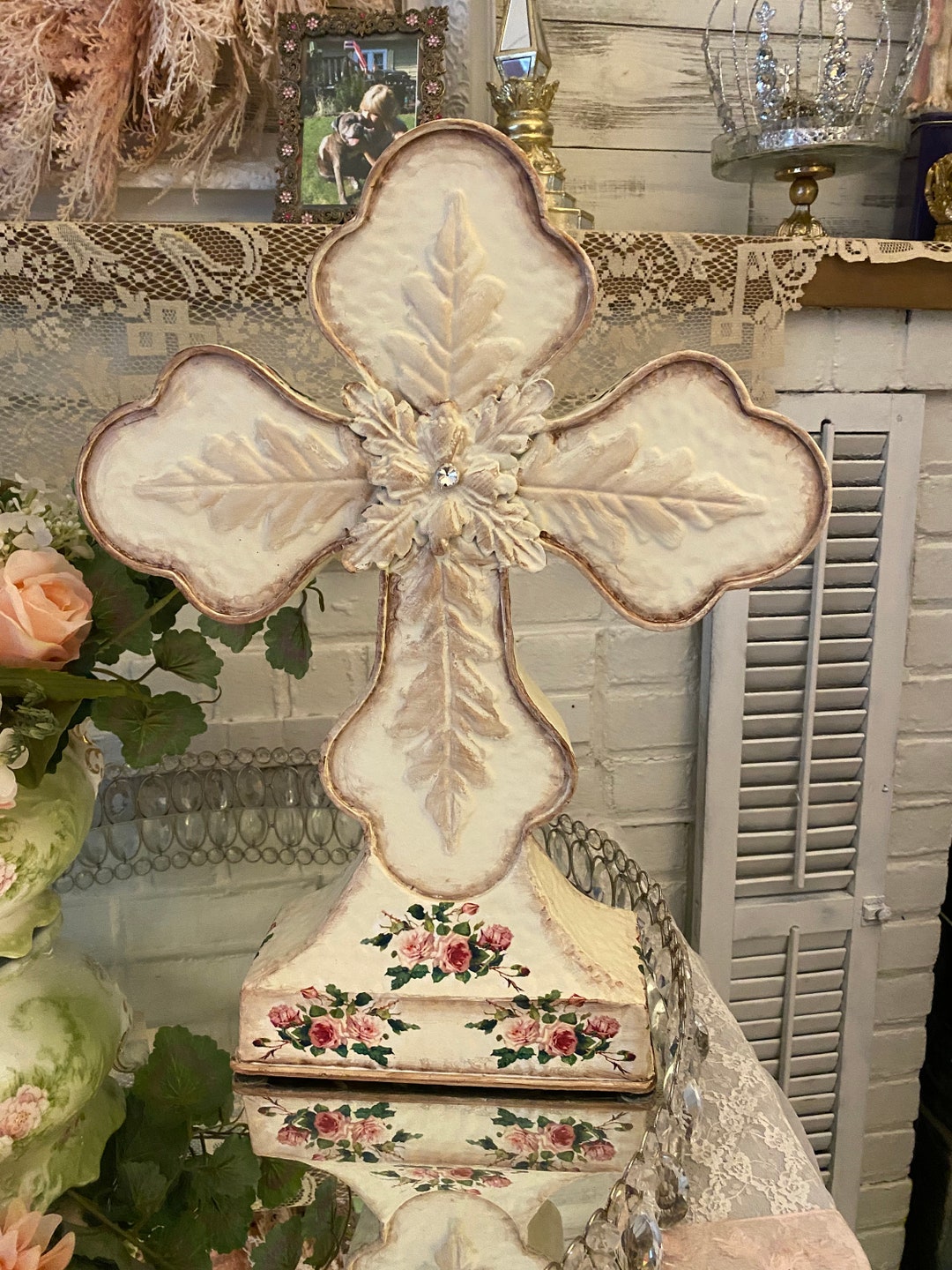 French Country Cross, Large Metal Cross With Pink Shabby Roses - Etsy