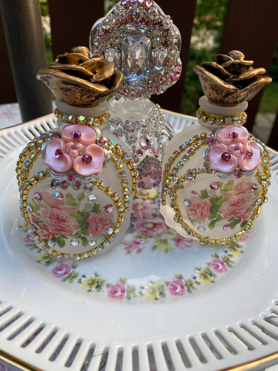 Eclectic Vanity Set: Royal Frankonia Plate, Crystal Rhinestone Bottles ...