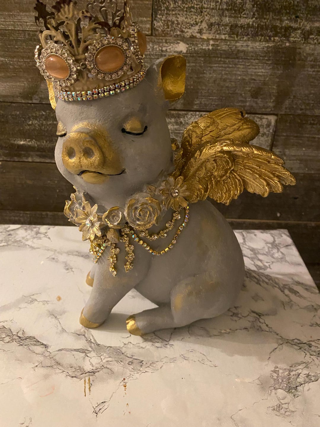 Adorable Large Flying Pig Statue, Gray Crowned Pig With Rhinestones - Etsy