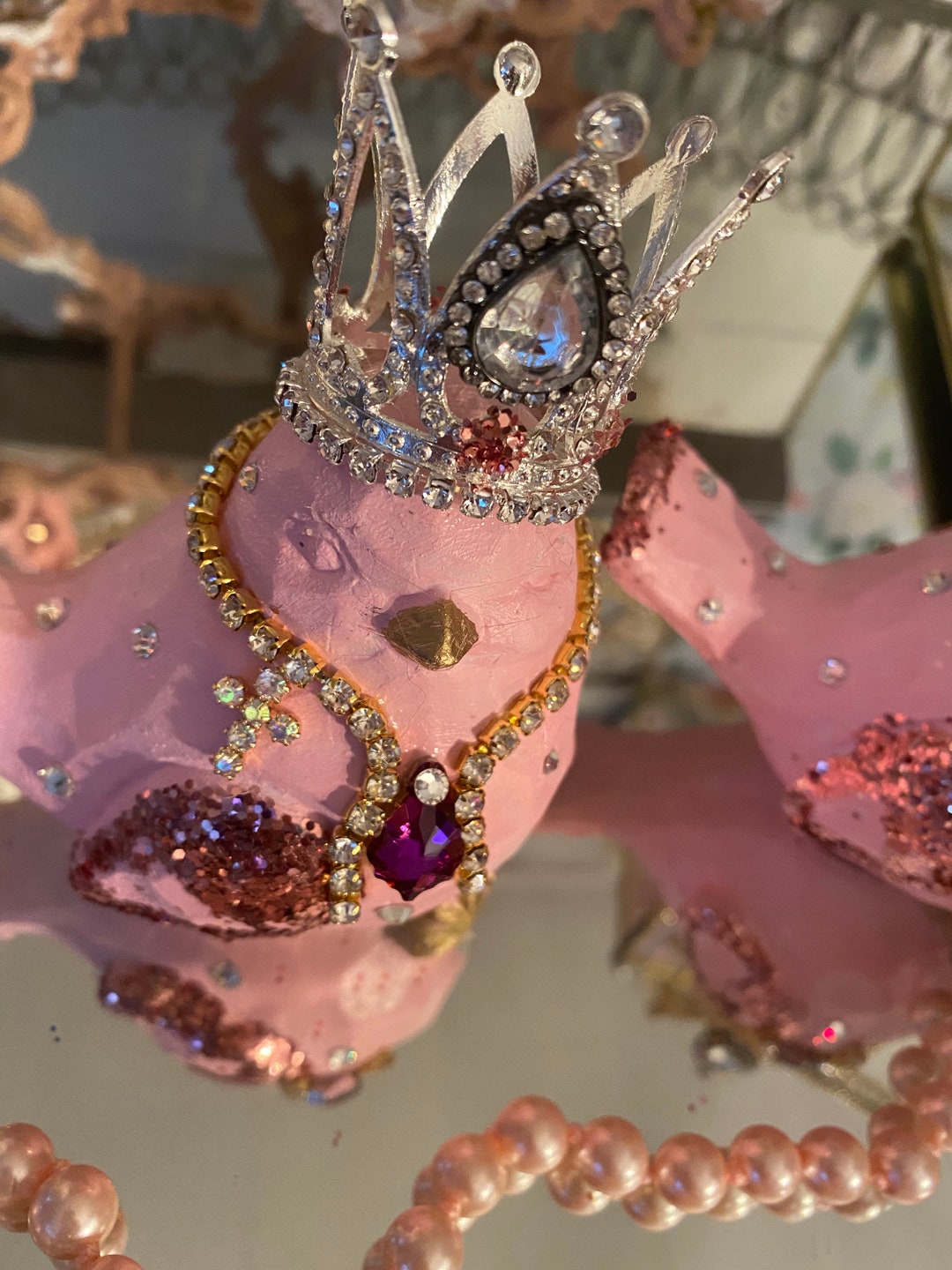 A Pair of Shabby Pink Crowned Birds, Rhinestones, Shelf Display ...