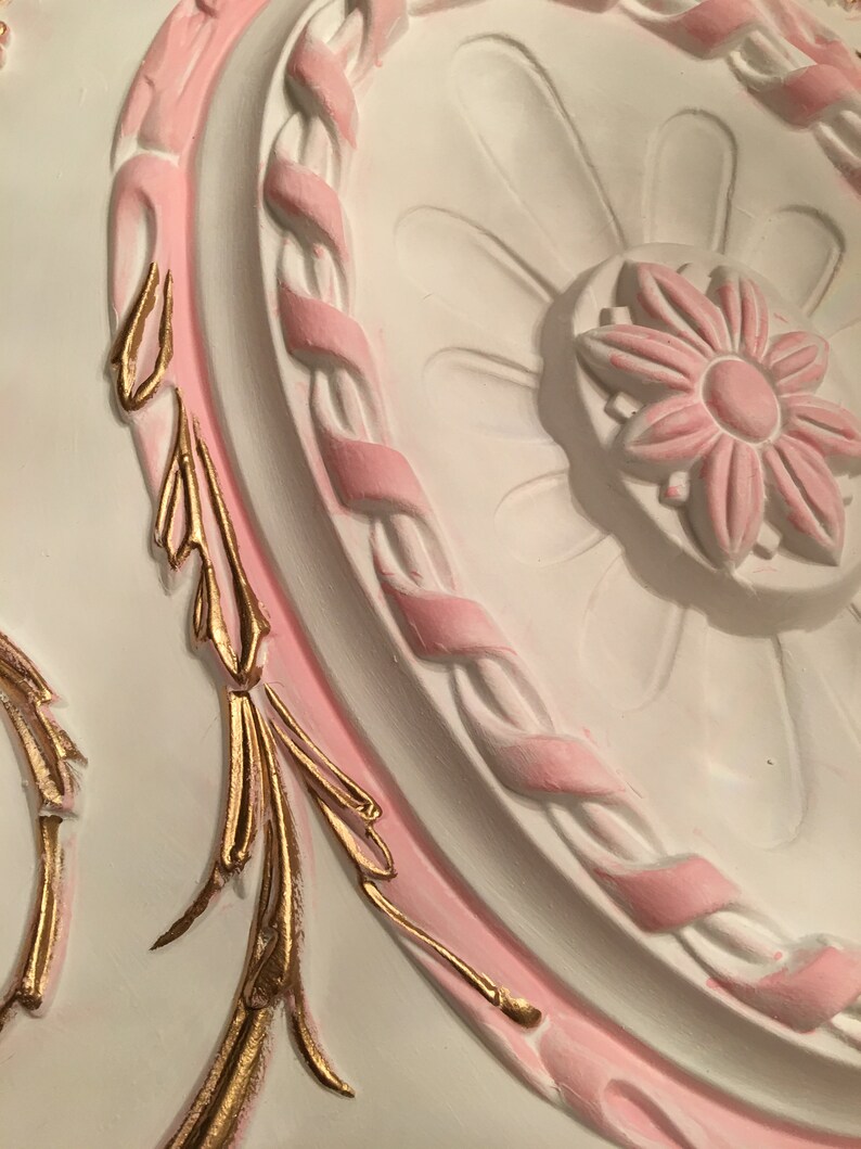 A Large Baroque Ceiling Medallion, Pink, White and Hand Painted Gold ...