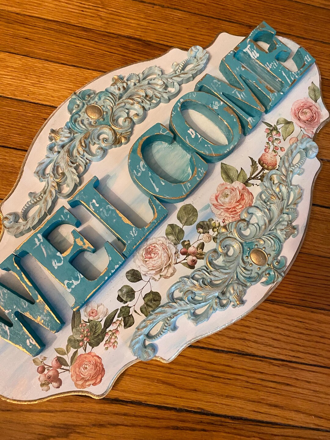 RESERVED Shabby Chic Welcome Sign: Aqua Roses Cottage Decor (20x11) - Etsy