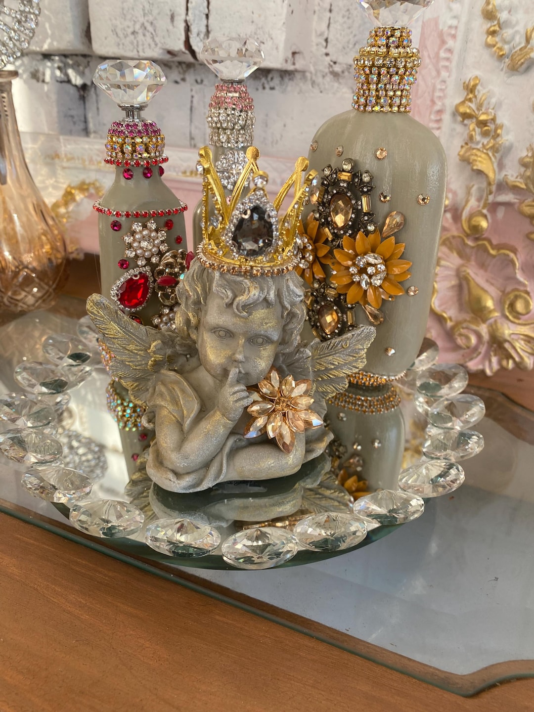 A Eclectic Vanity Set, 3 Unique Decorative Bottles and a a Crowned ...