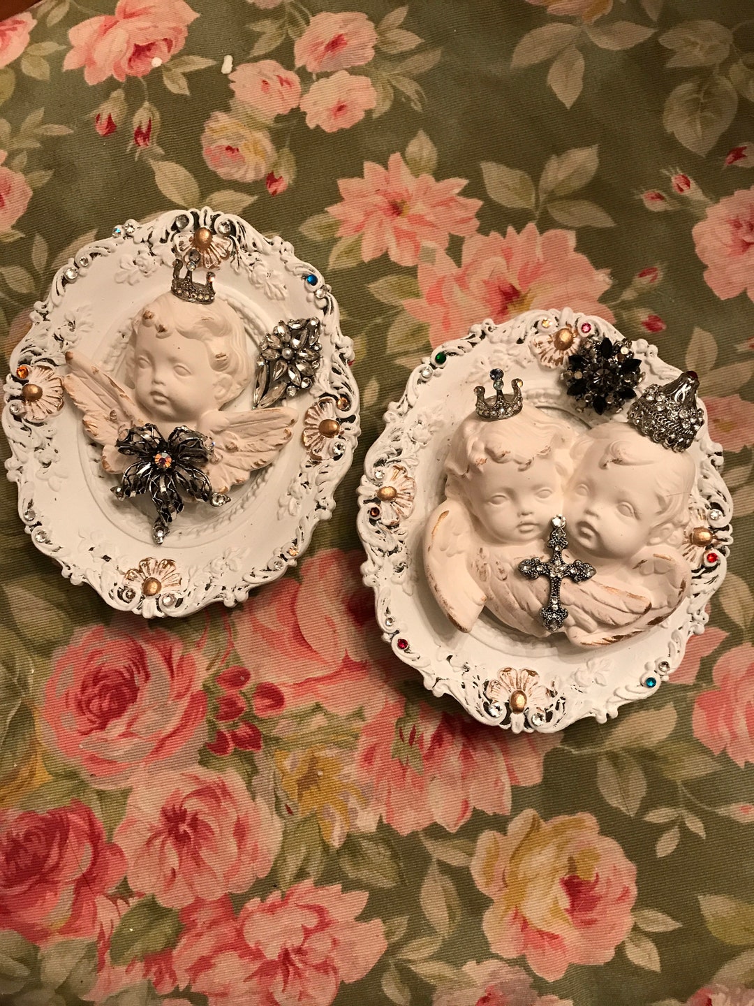 Adorable Framed Double and a Single Angel Rhinestones Baroque - Etsy