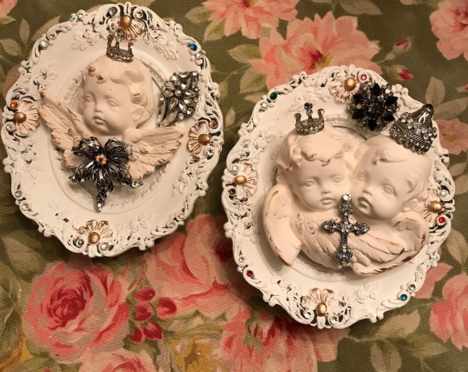 Adorable Framed Double and a Single Angel Rhinestones, Baroque Frame ...