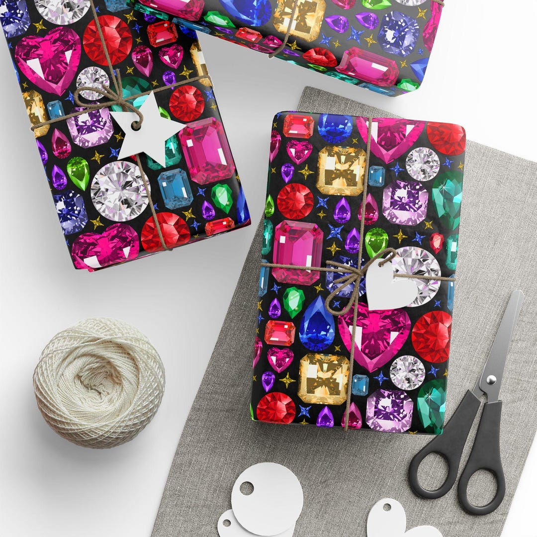 Colorful Jewel Bedazzled Wrapping Paper Black | Gemstone Print Gift ...