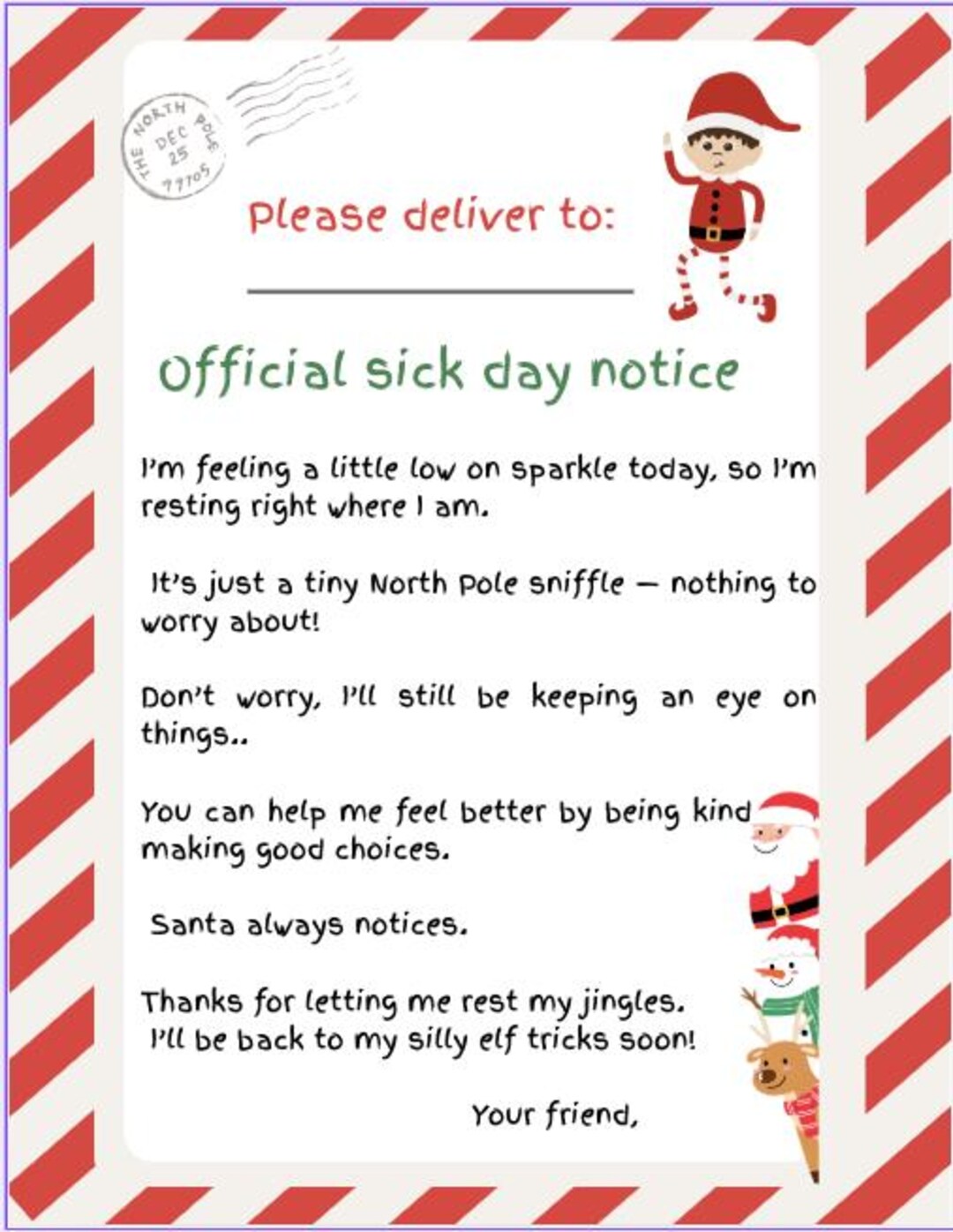 Elf SICK DAY Notice (printable PDF) - Etsy