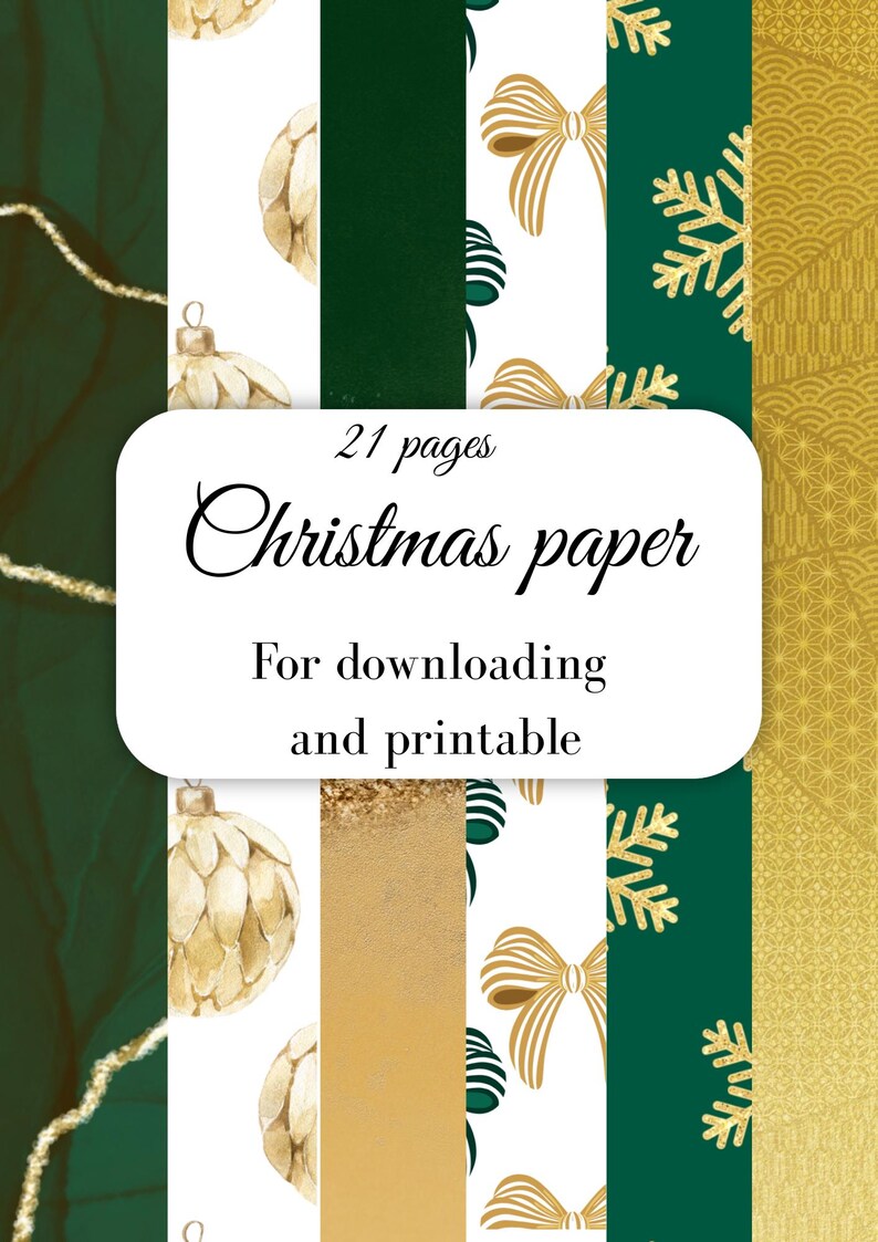 Dark Green Gold White Christmas Digital Paper Set | Elegant Holiday ...