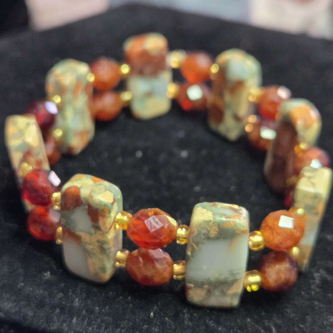 Earth & Fire: Picture Jasper and Cinnamon Garnet Stretch Bracelet - Etsy