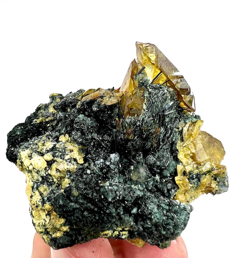 Natural Sphene Titanite Crystal Cluster With Aegirine on Calcite (208 ...