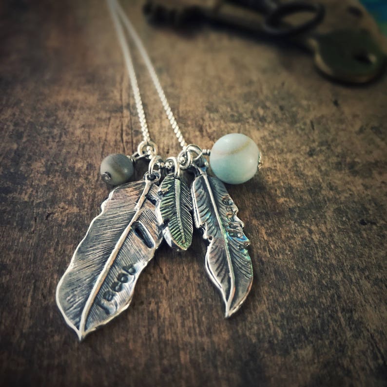 Personalized Feather Necklace With Kids Names Great Gift for | Etsy