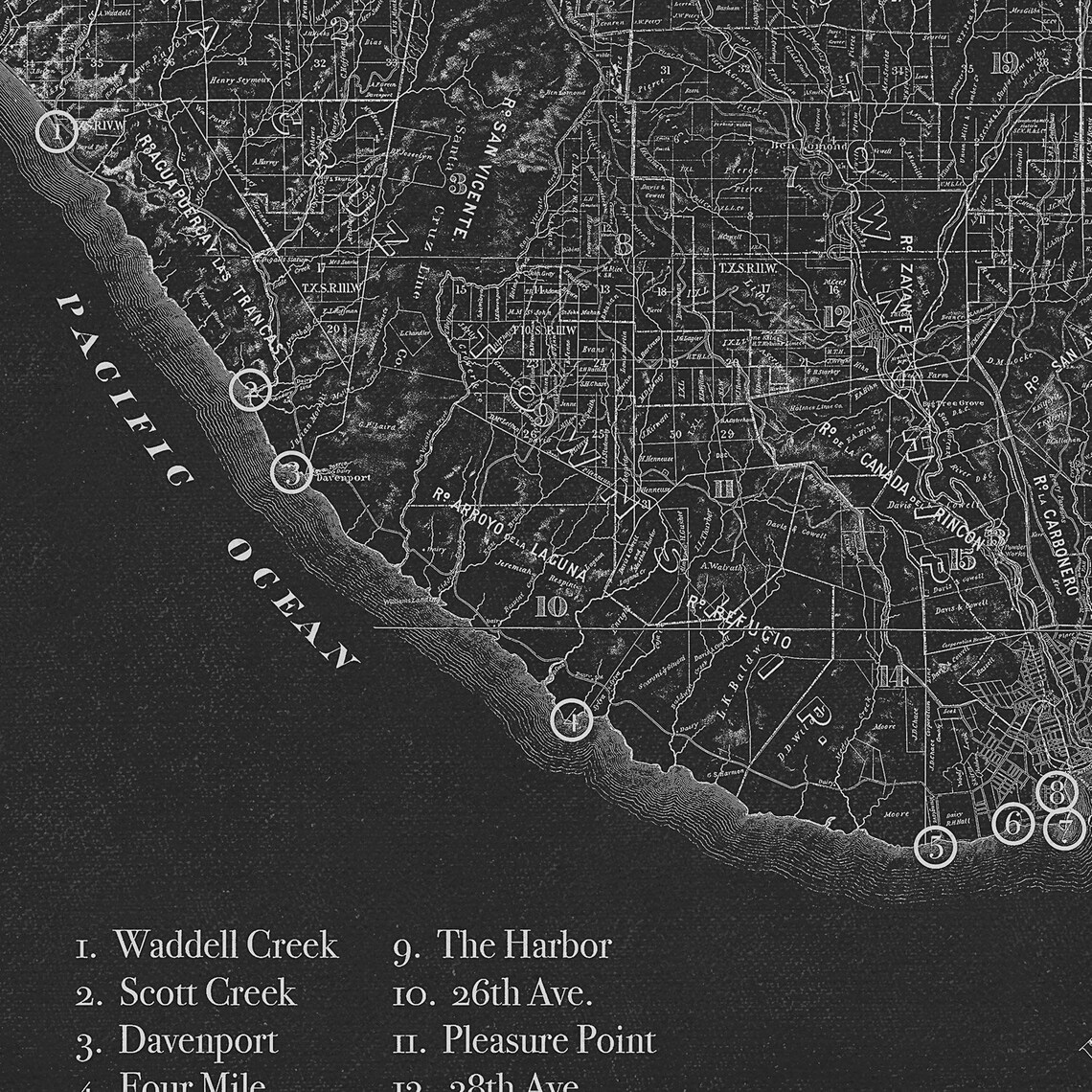 Santa Cruz Surf Map in Navy Blue or Charcoal Grey - Etsy