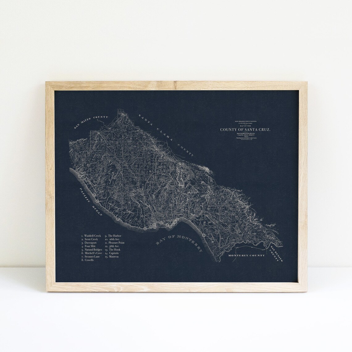 Santa Cruz Surf Map in Navy Blue or Charcoal Grey - Etsy