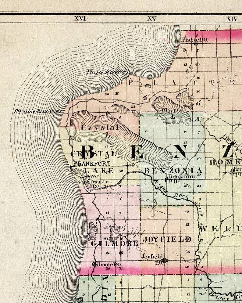 Vintage Benzie County & Manistee County Michigan Map Art Print - Etsy