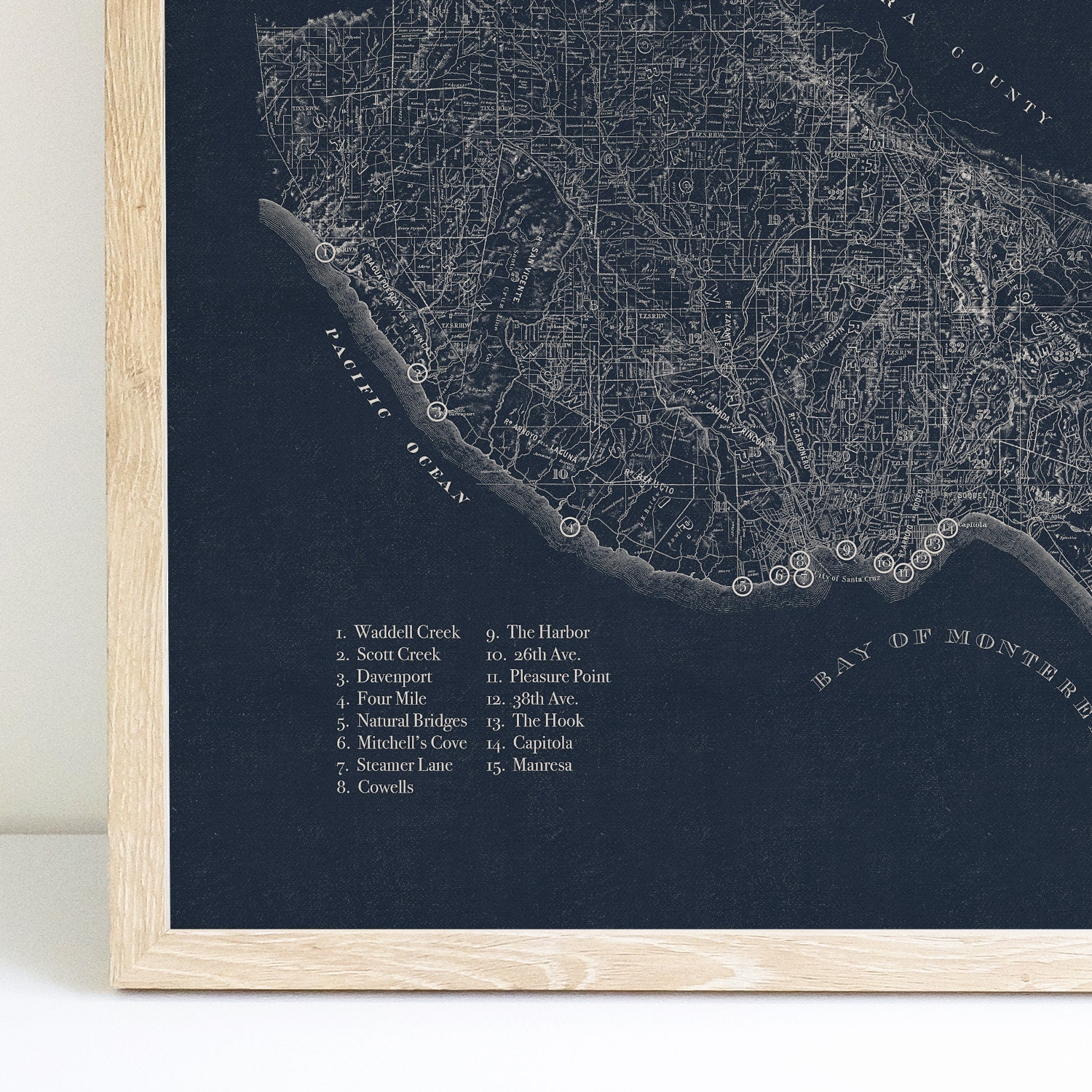 Santa Cruz Surf Map in Navy Blue or Charcoal Grey - Etsy