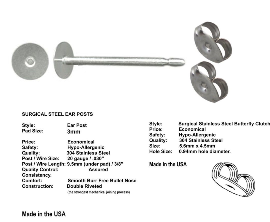 3mm Pad USA Surgical Stainless Steel Studs With Clutch Variations ...