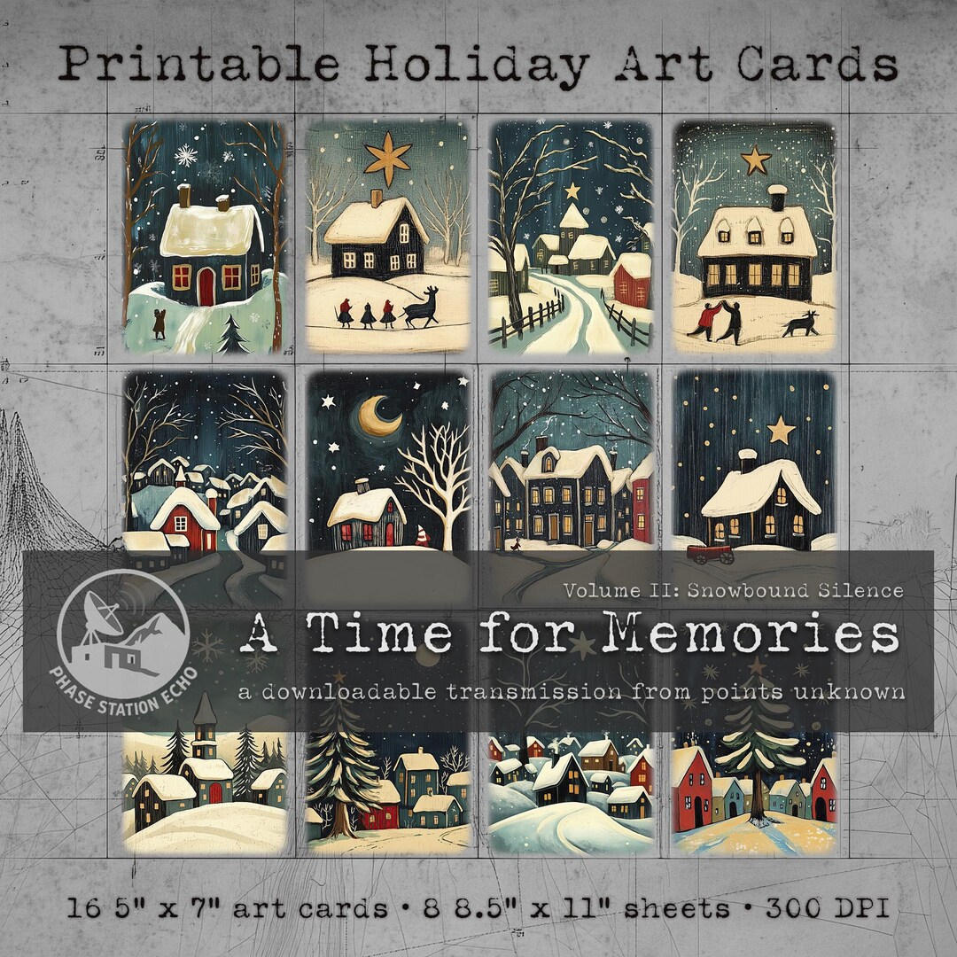 Printable Holiday Cards | Curated Winter Folk Art Village Scenes for ...