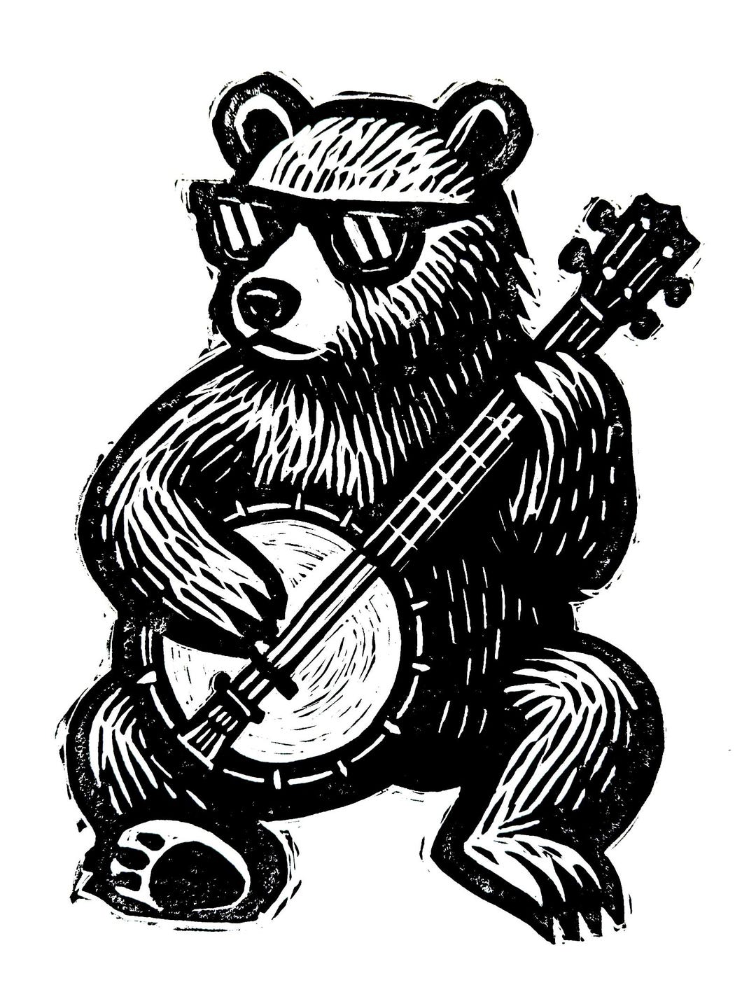 Linocut Art Print, Bear Playing Banjo, Black & White, 5×7 on 8×10 Sheet ...