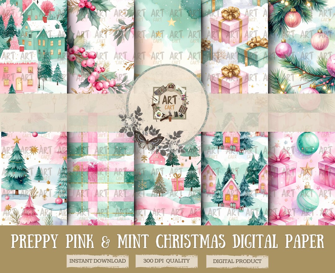 Pink & Mint Christmas Digital Paper | Preppy Pastel Holiday Backgrounds ...