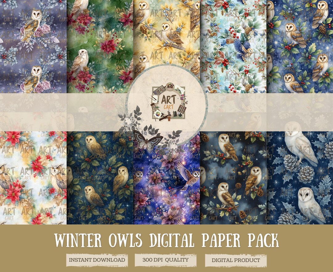 Winter Owls Digital Paper | Christmas Scrapbook & Wrapping Paper ...