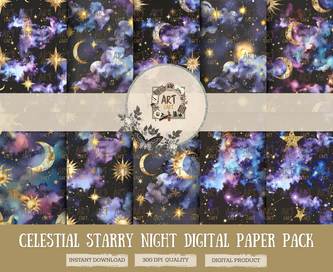 Celestial Starry Night Digital Paper – Navy & Gold Seamless Backgrounds ...