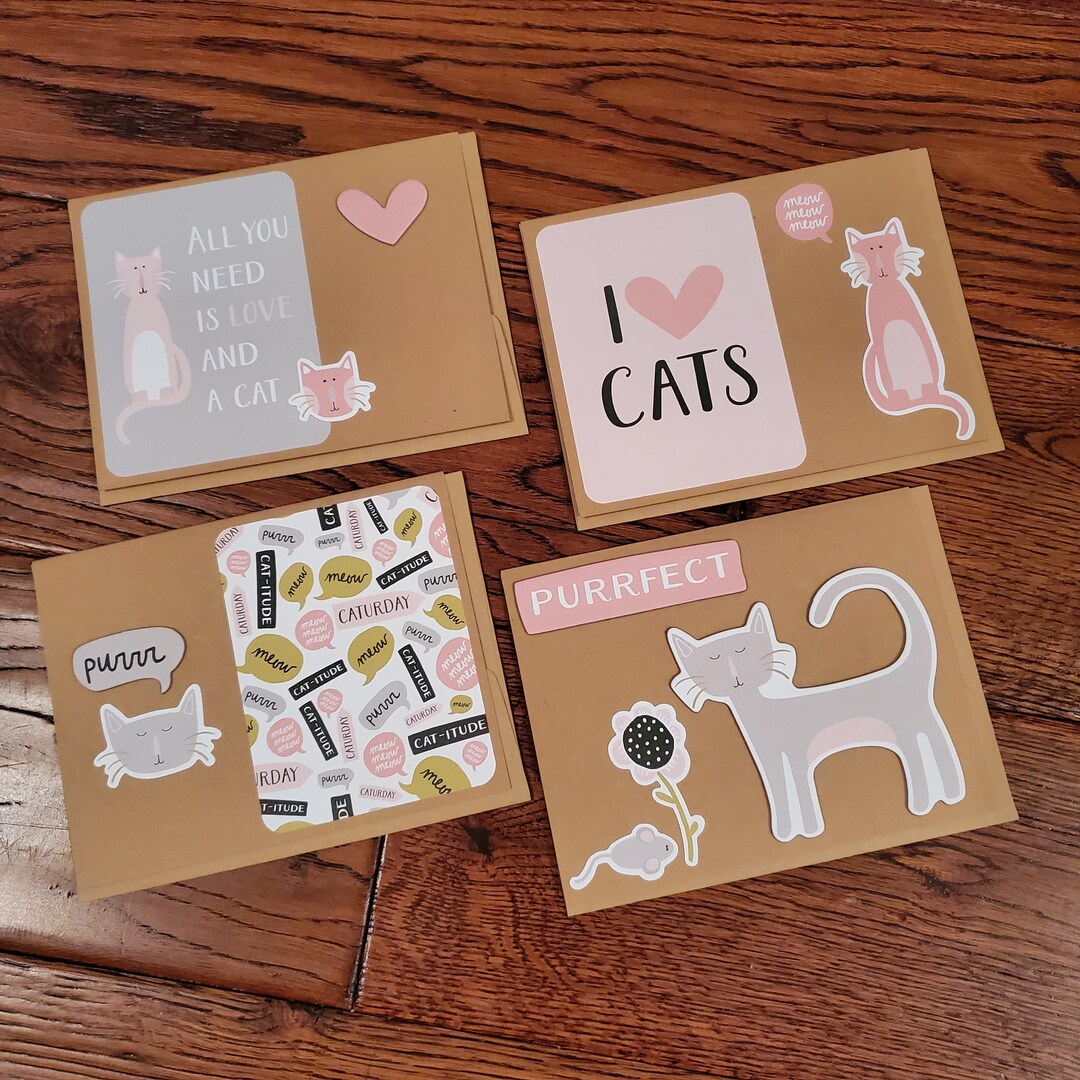 Four Handmade Greeting Cards for Cat Lovers, Recycled Kraft Paper Cat ...