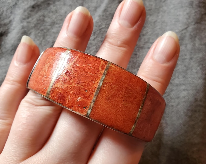Vintage Coral Inlay Cuff Bracelet, Silver Tone Philippine Handmade, Red ...