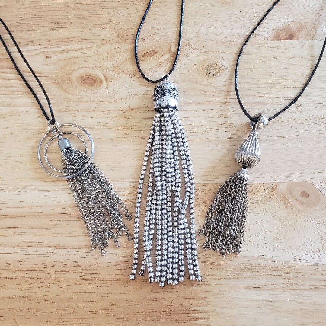 One Silver Tassel Handmade Upcycled Necklace, Silver Pendant on Black ...