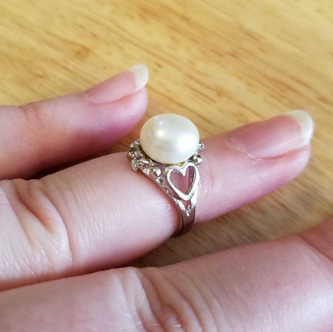 Vintage Pearl and Rhinestone Ring, Size 4.5 Faux Pearl Ring, Silver ...